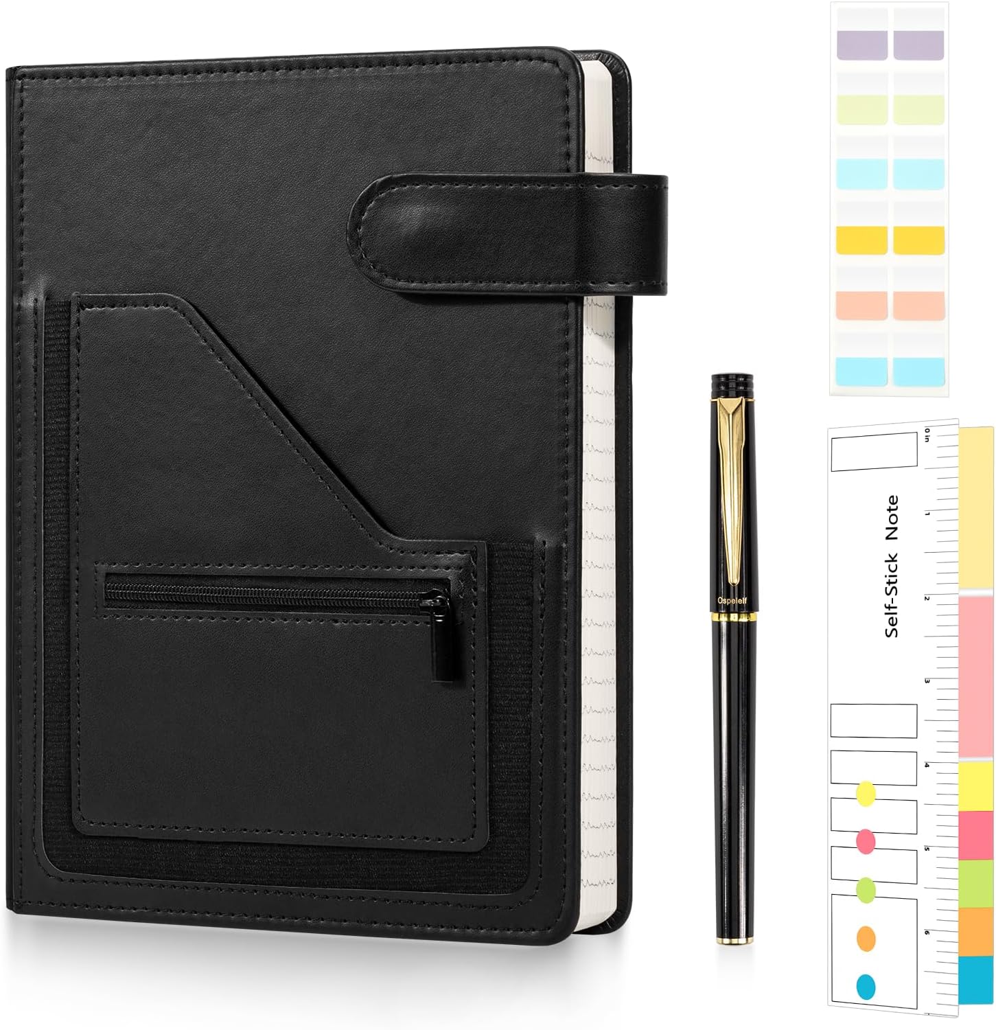 Amazon.com : Black B5 Lined Leather Notebook with Zipper Pockets and ...