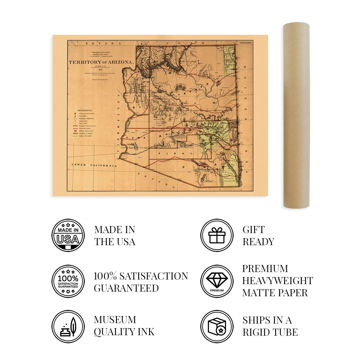 Snapklik.com : Vintage 1876 Arizona Territory Map - 18x24 Inch Vintage ...
