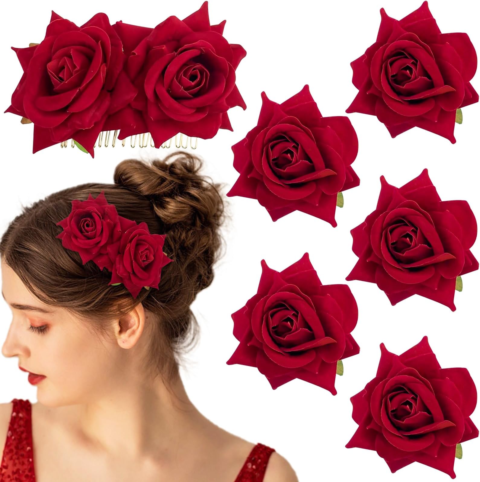 Amazon.com : 6 Pcs Red Rose Flower Hair Comb Clips Floral Brooch ...