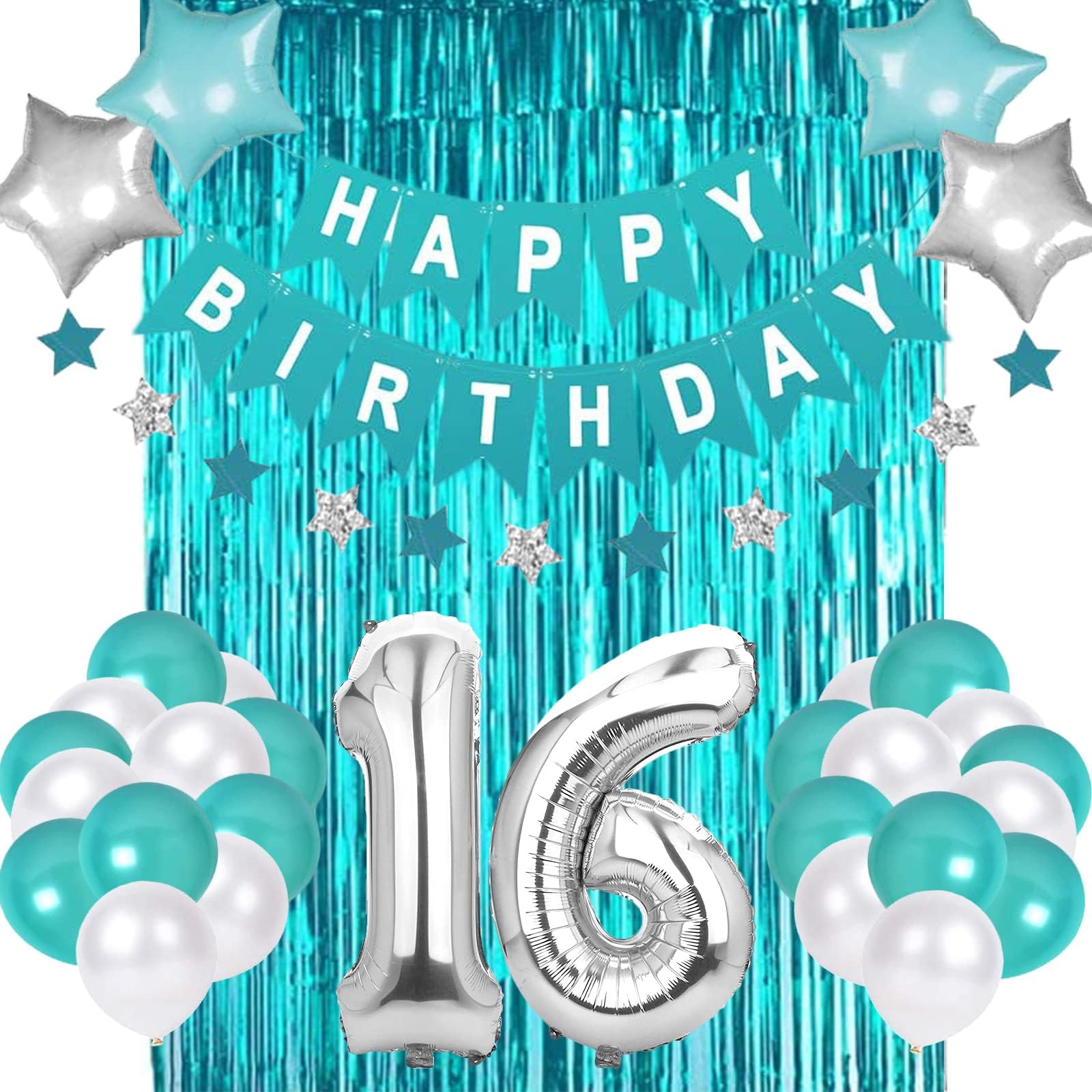 Amazon.com: Teal Sweet 16 Birthday Decorations for Girls Boys Teal Blue ...