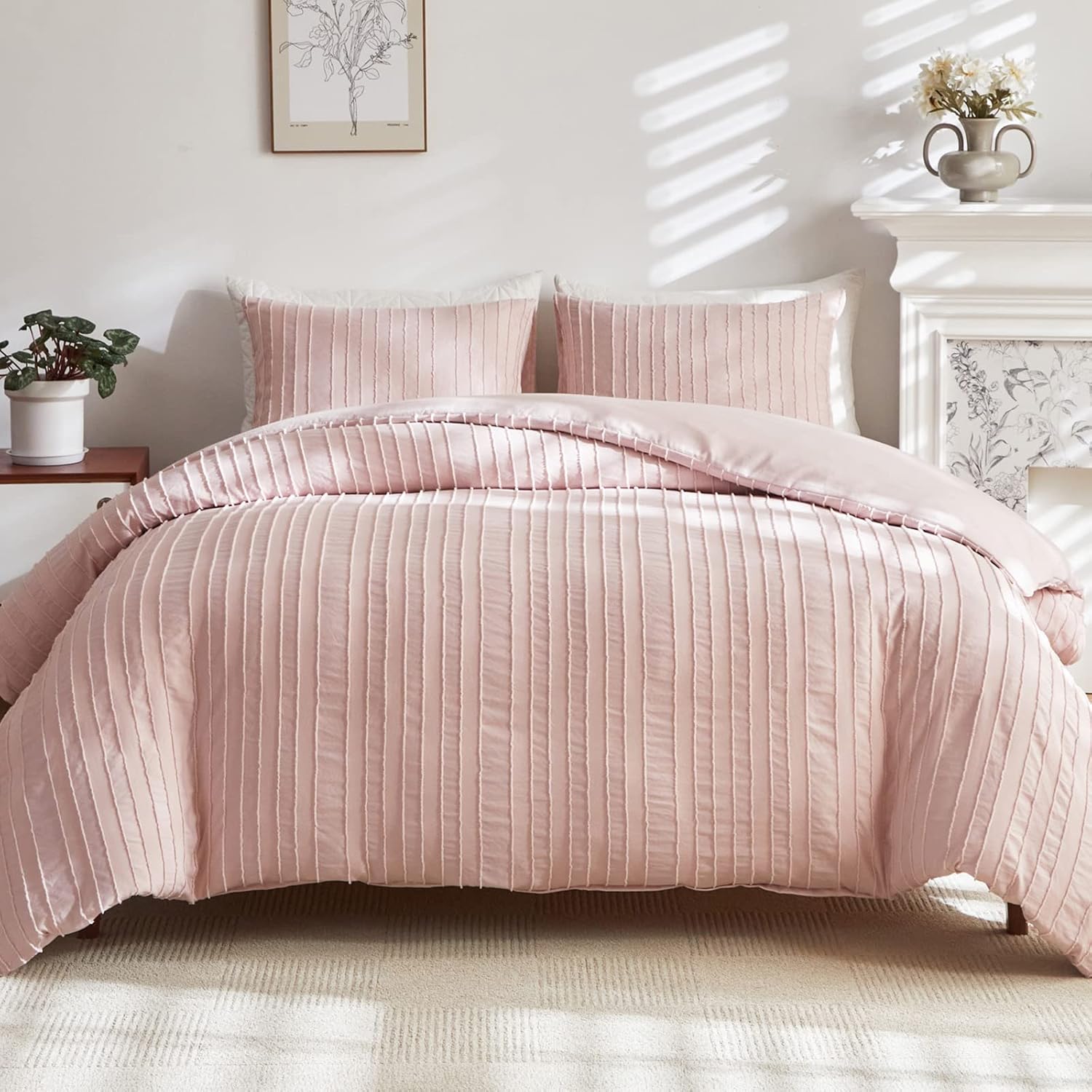 Amazon.com: WARMDERN Pink Boho Duvet Cover King Size, Striped Textured ...