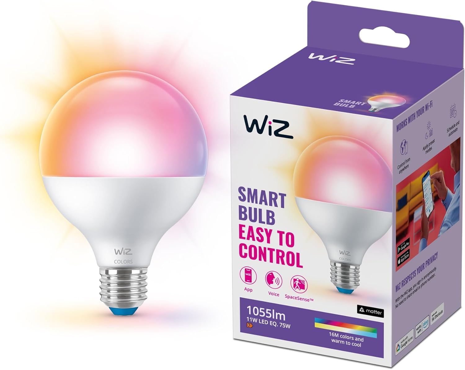 WiZ Smart Colour Bulb, G95, E27, Dynamic Scenes, Connected WiFi Works ...
