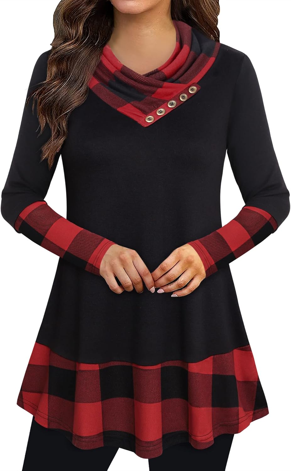 Cowl Neck Tunics Long Sleeve Patchwork Form Fitting Casual A-Line Top ...