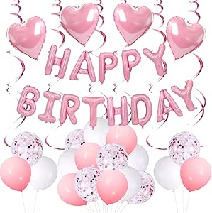 Pink Birthday Decorations for Women Girls, Happy Birthday Balloon Banner Decoration, Pink Party ...