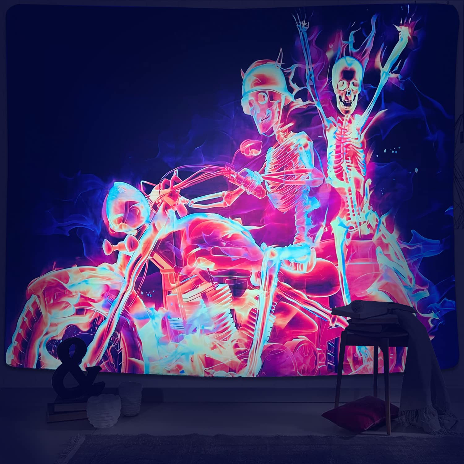 Joiniry Blacklight Trippy Skeleton Tapestry Motorcycle Flame Skull UV ...