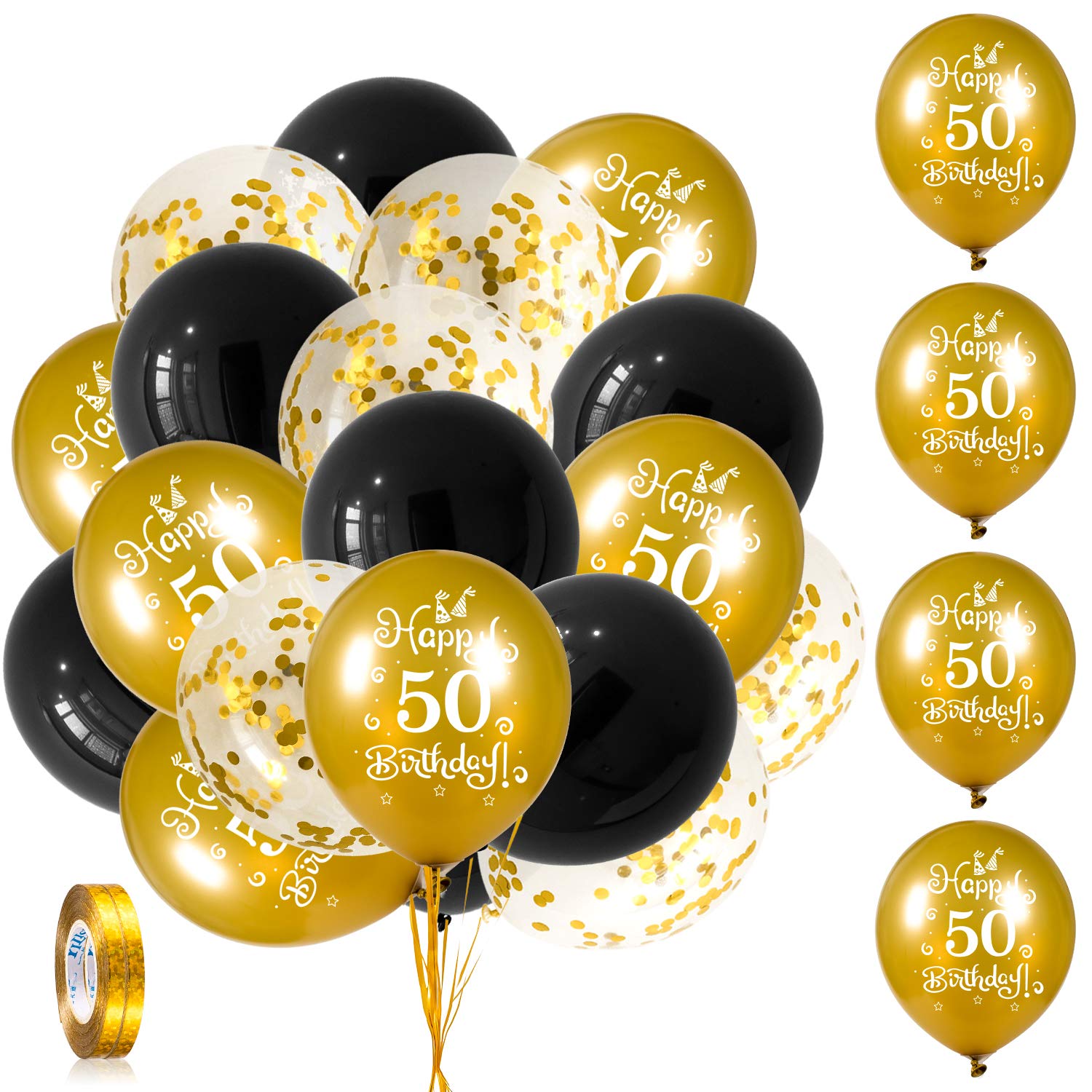 Buy Whaline 50th Birthday Balloons Set 24pcs Black Gold Latex Balloon ...