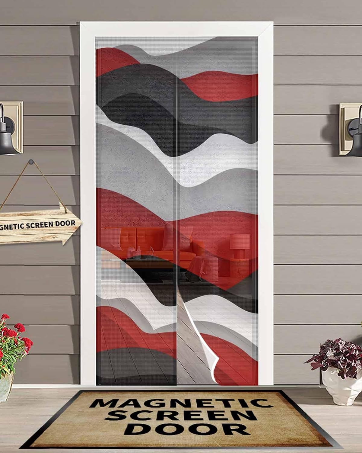 Amazon.com: ZOE GARDEN Modern Red Black, Magnetic Screen Door for ...
