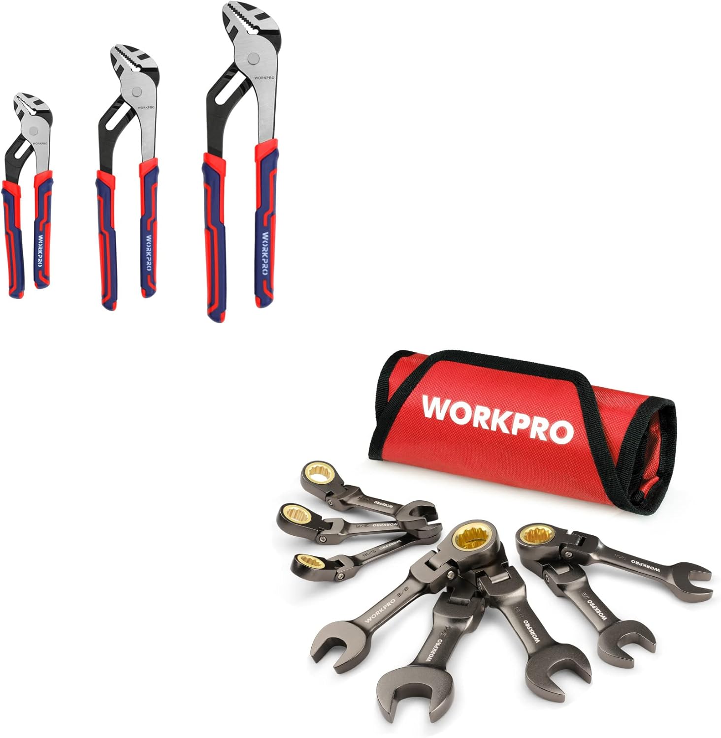WORKPRO 3 Piece Groove Joint Pliers Set and 8-Piece Flex-Head Stubby ...