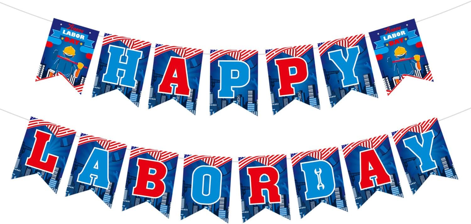 Amazon.com: JKQ Happy Labor Day Banner Red Blue Labor Day Paper Bunting ...