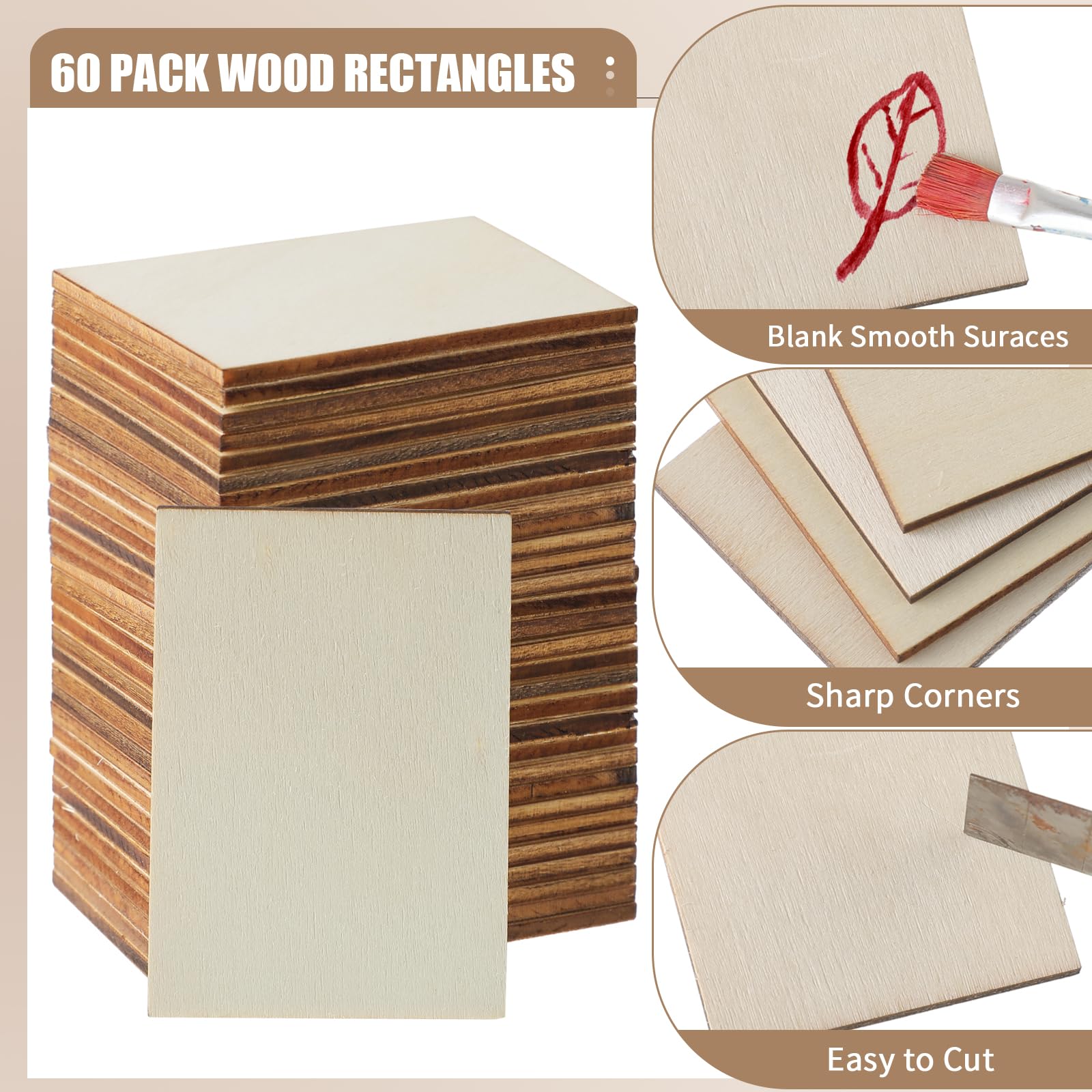 Snapklik.com : 60 Pack Unfinished Wood Rectangle Cutouts 2x3 Inch Blank ...