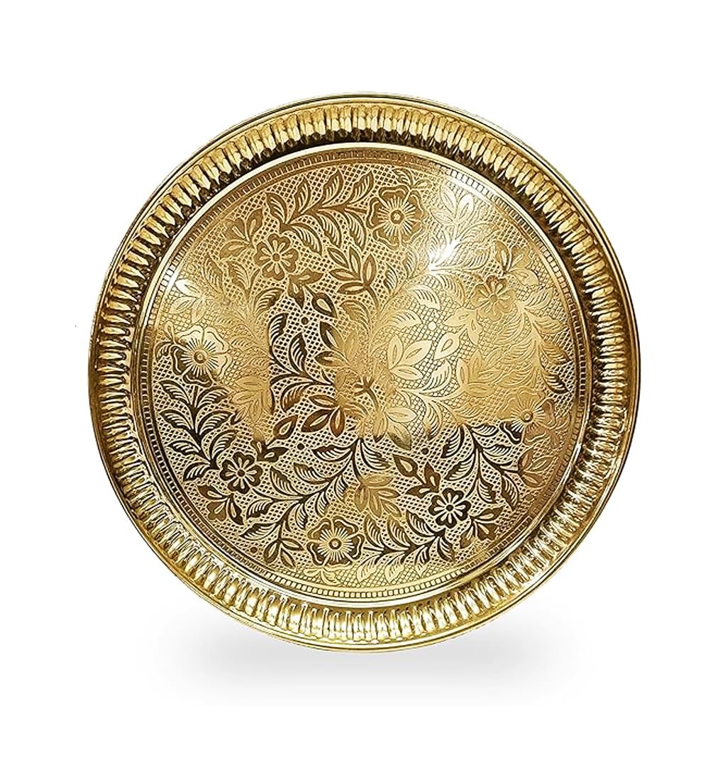 Saubhagya Pure Brass Puja Thali with Flower Embossed Design, Peetal ...