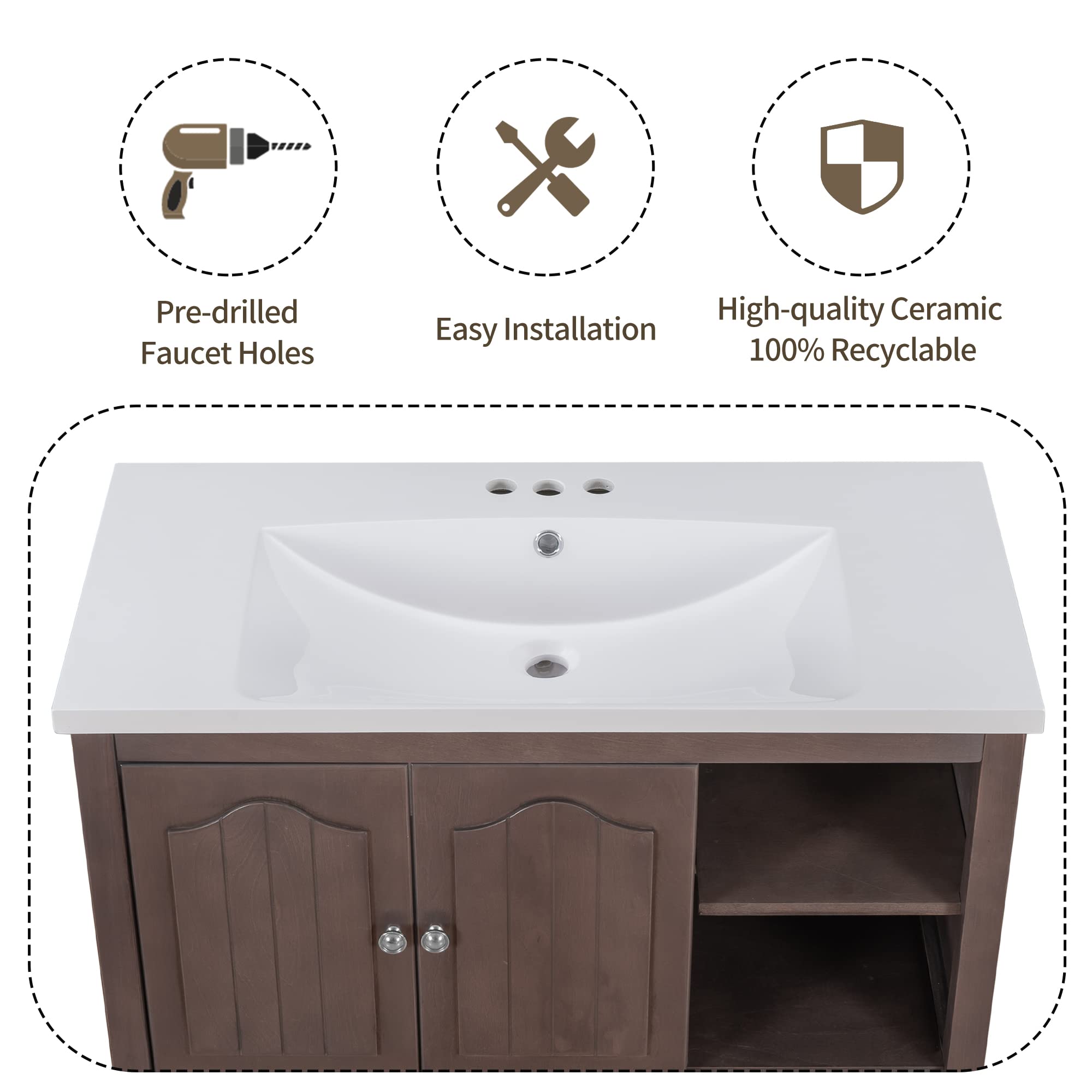 36" Ceramic Bathroom Sink, Vanity Top Only, Vessel Single-sink with ...