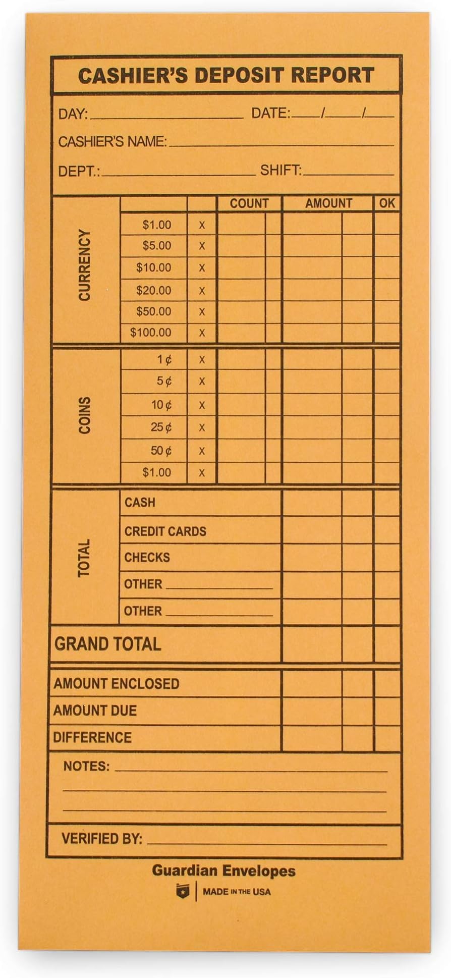 Amazon.com : Guardian Cashier Deposit Report Envelopes with Gummed ...