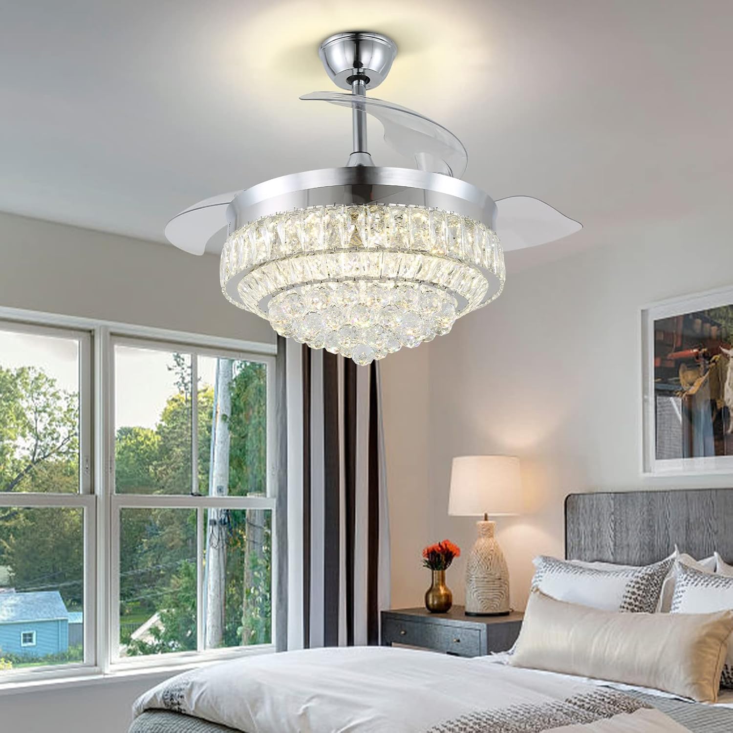CXGLEAMING 42" Crystal Ceiling Fan with Lights Living Room LED Flush ...