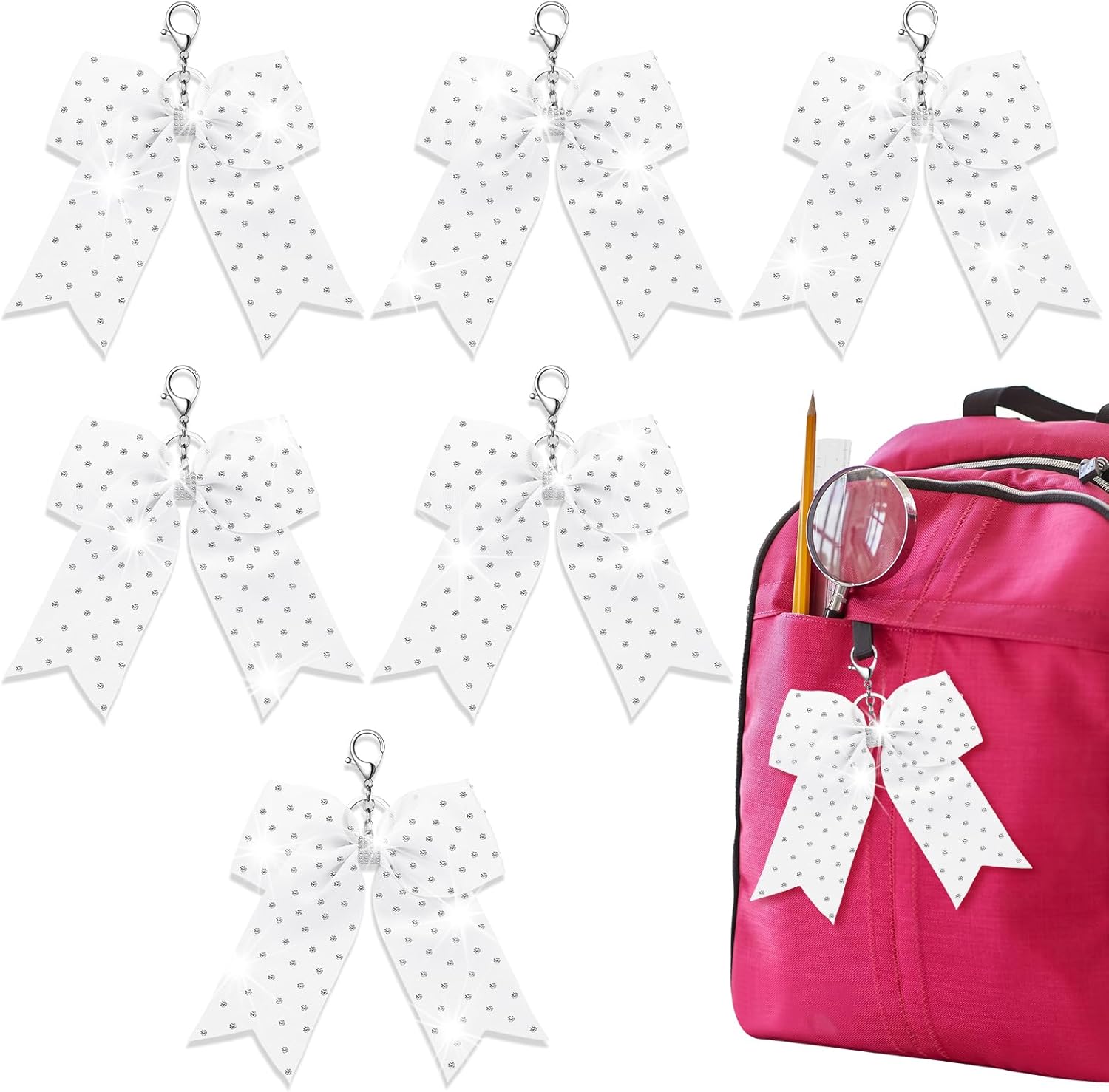 Amazon.com: Ferreve 20 Pcs Cheer Bow Keychain Glitter White Cheer ...