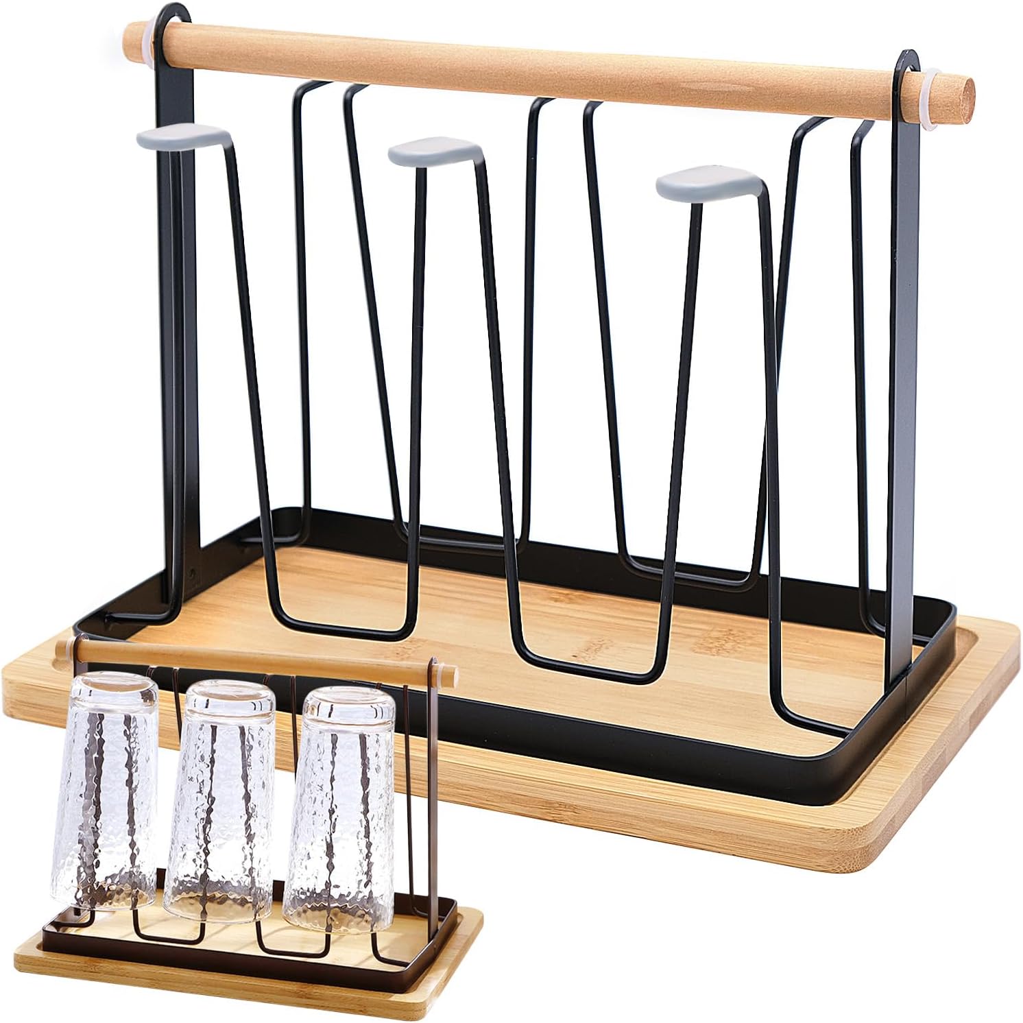 Huemtnor Bottle Rack, Metal Bottle Drainer with Wooden Handle and Tray ...