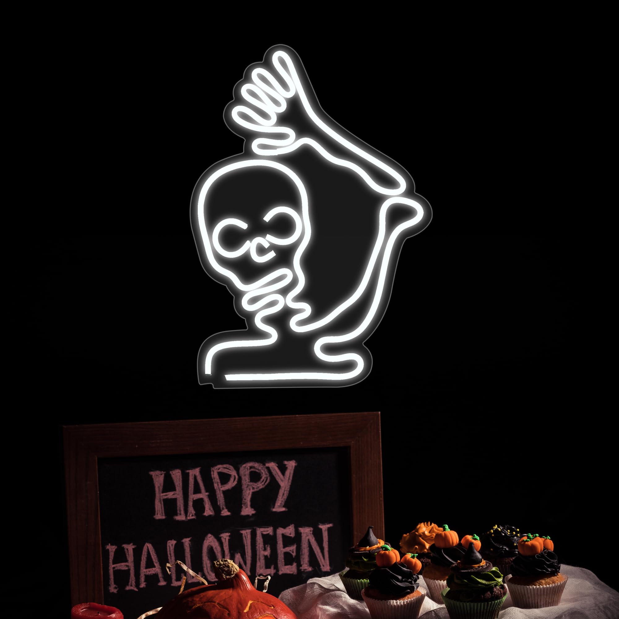 Skull Neon Sign Halloween Decoration White Acrylic Skull Shape Neon ...