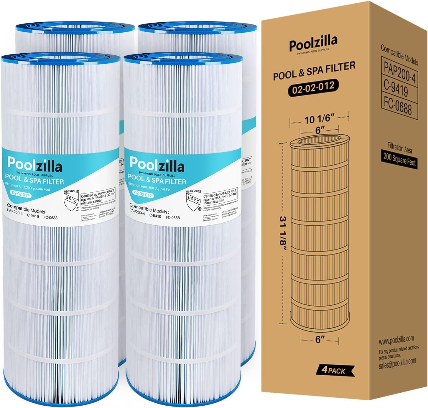 Amazon.com : Poolzilla [4 Pack Pool Filter Cartridge, Compatible with PAP200, Pentair CC200 ...