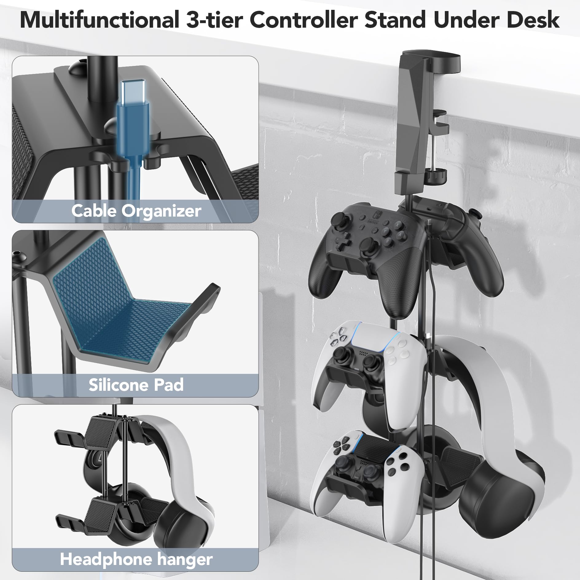 Snapklik.com : Gaming Headset And Controller Stand Under & Over Desk, 3 ...