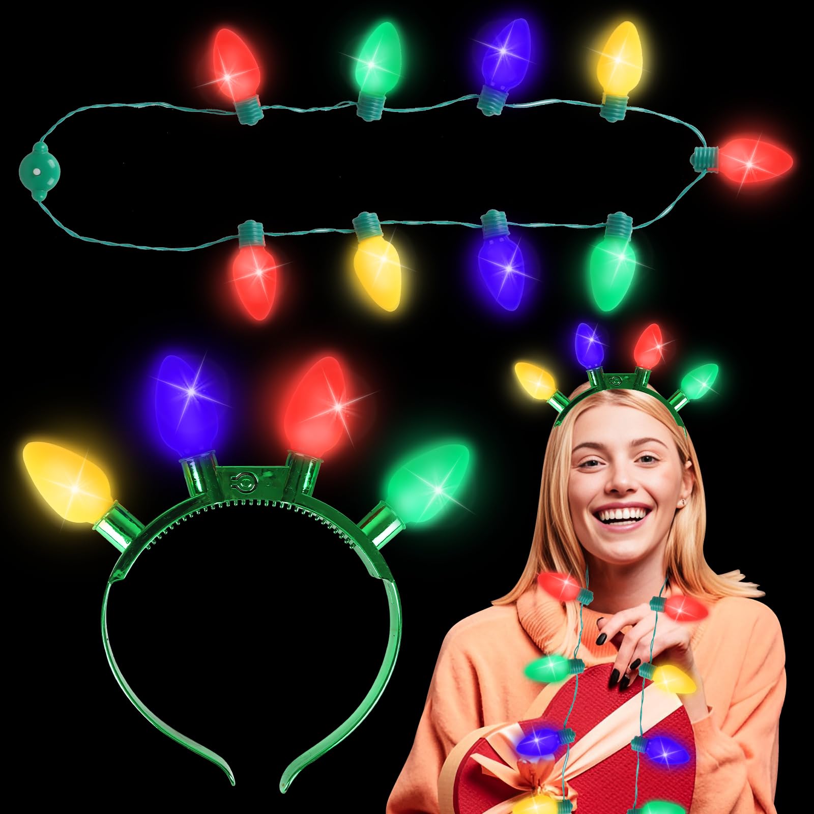 DIYASY 2 PCS Christmas Lights Headband, LED Christmas Light Bulb Headbands Christmas Light ...