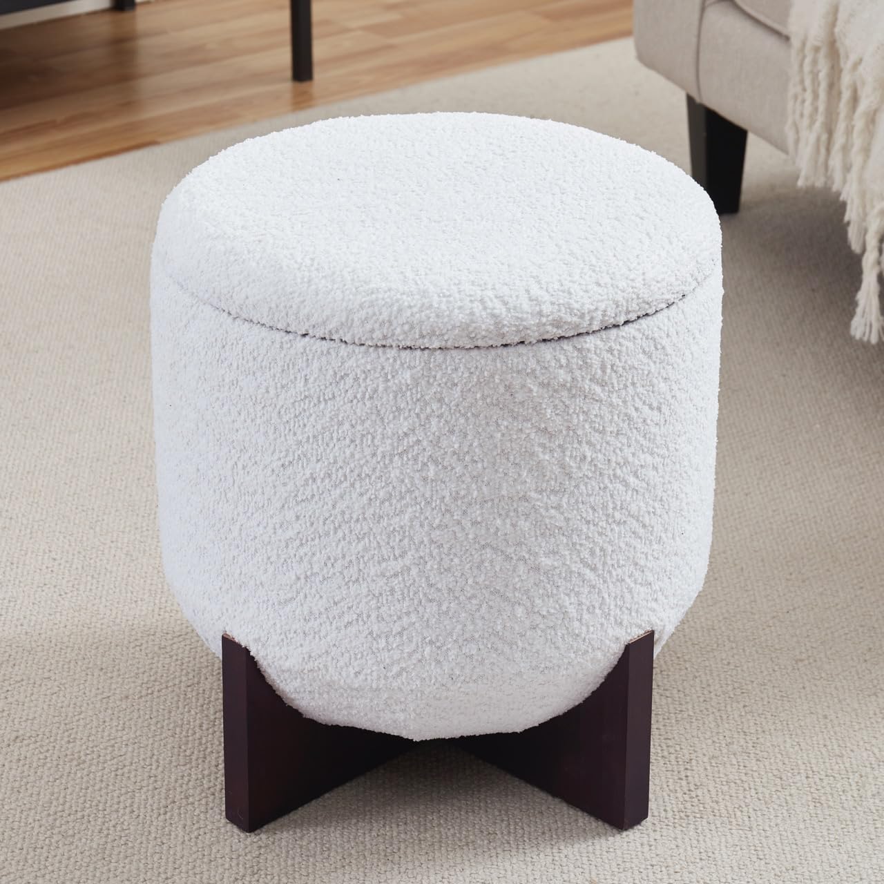 Amazon.com: Ornavo Home Decor Round Ottoman with Storage, Boucle White ...