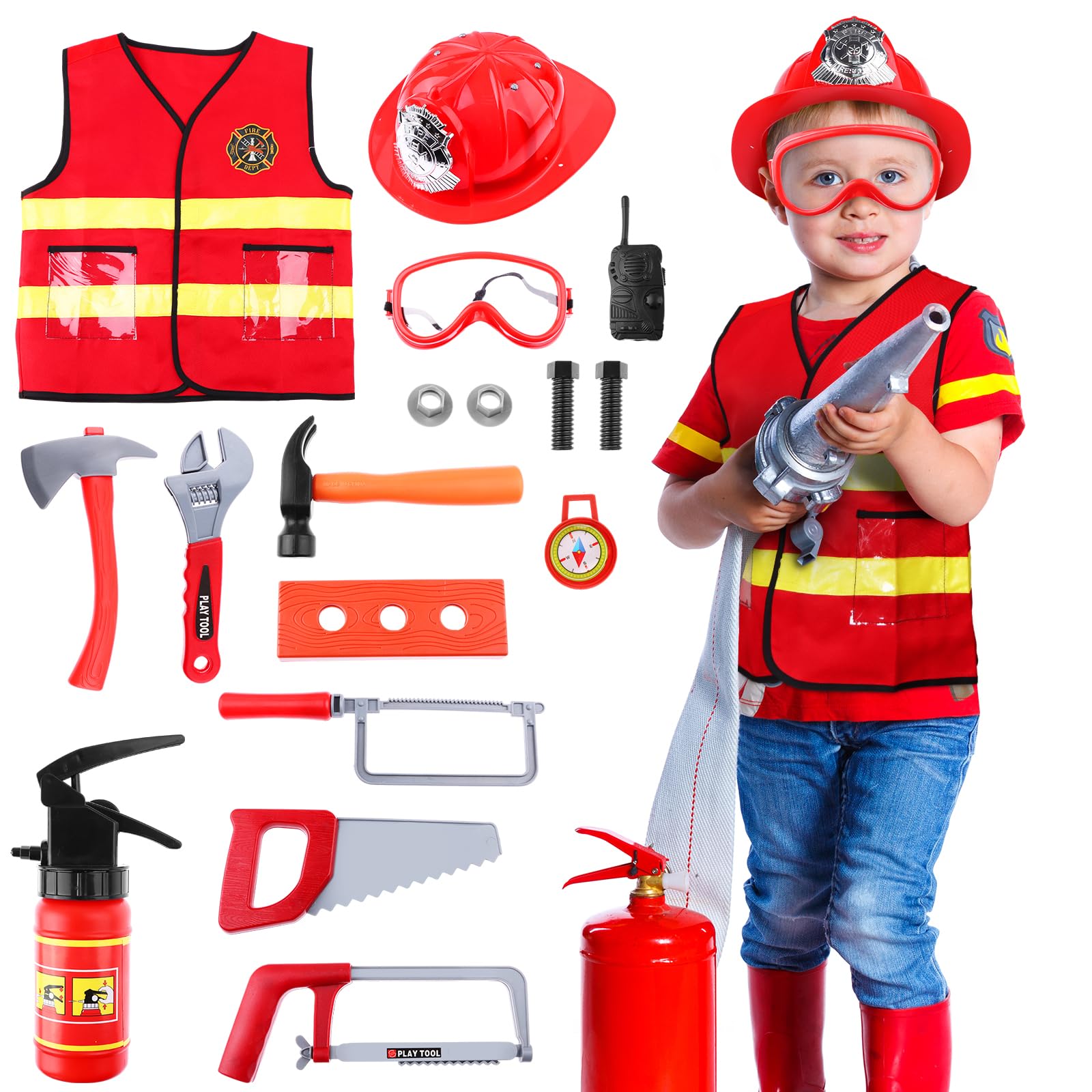 Kids Fireman Costume Set with 15 Firefighter Outfit Toys Accessories 3 ...