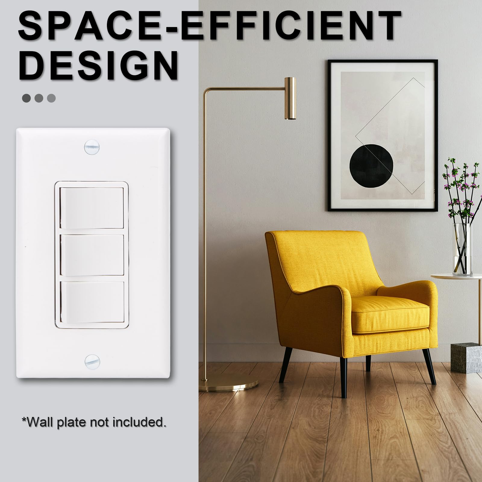 Snapklik.com : Triple Rocker Light Switch, 15A 120V Single Pole, 3 ...