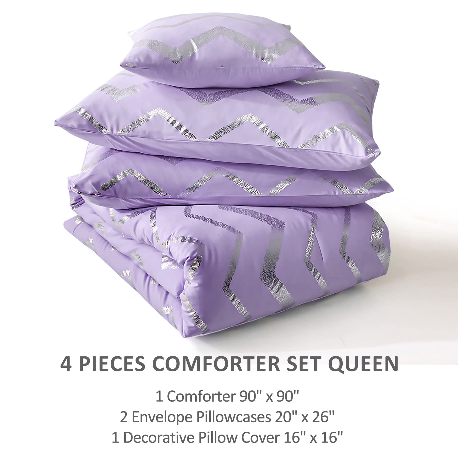 Menghomeus Purple/Silver Comforter Set Queen, Lavender Metallic Print ...