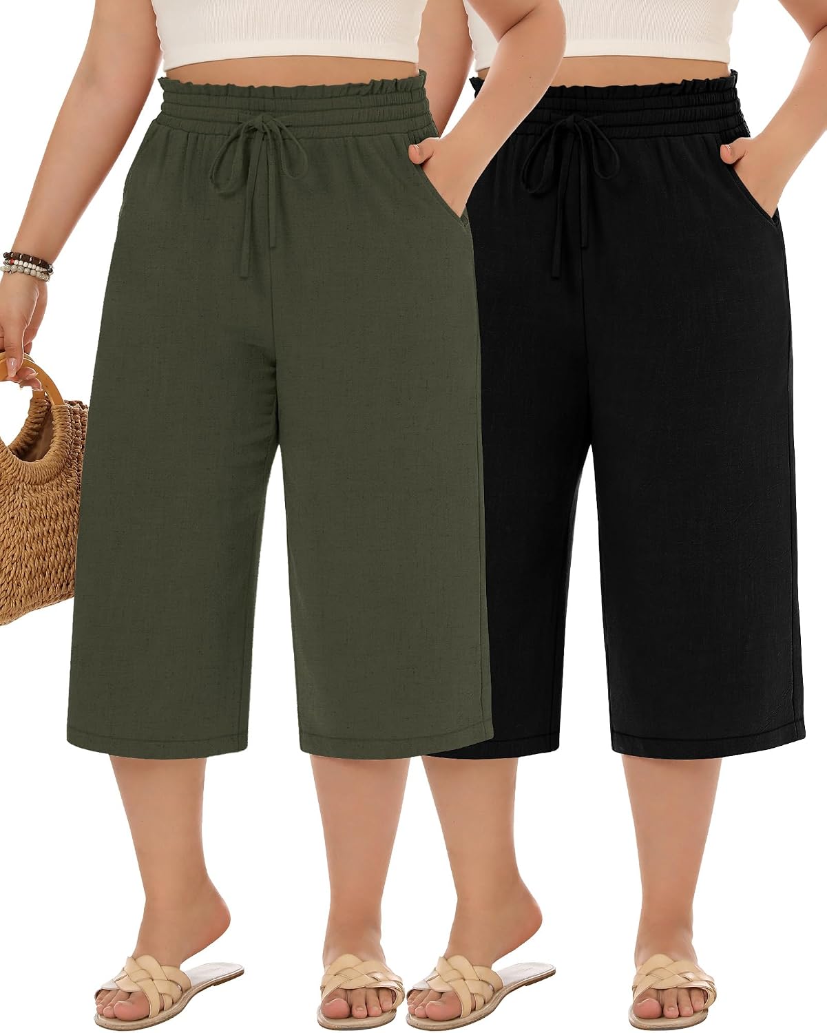 Neer 2 Pack Women's Plus Size Linen Capris Wide Leg High Waisted ...