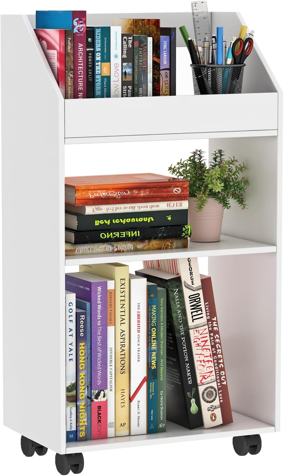 Amazon.com: HAYOFAMY 3-Tier Mobile Bookshelf, White Bookcase with ...