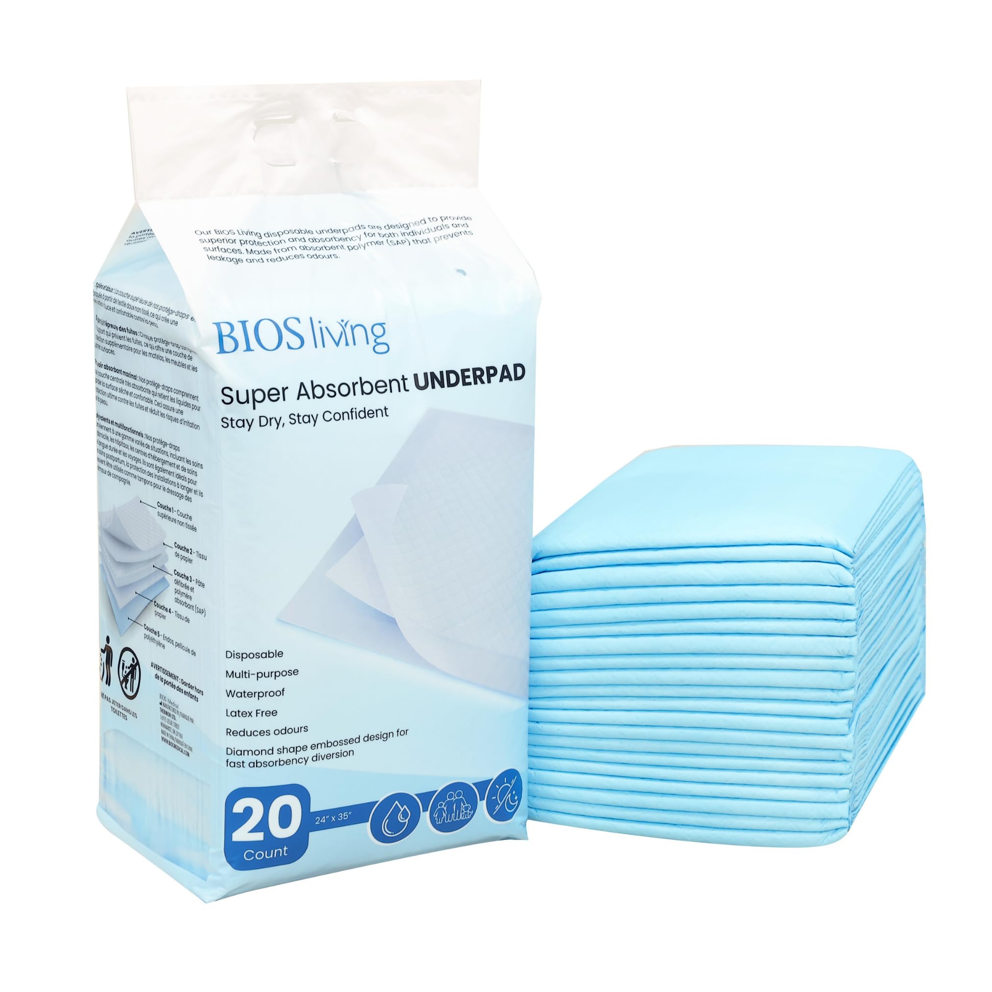 BIOS Living Disposable Underpads - Large (24 x 36) Super Absorbant Bed ...