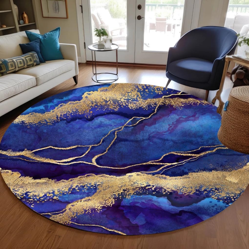 Amazon.com: Royal Blue Gold Modern Abstract Marble Pattern Round Area ...