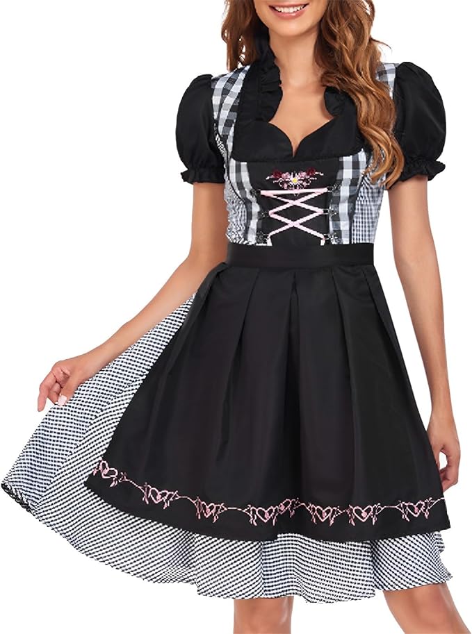 Dirndl Damen Midi Dirndlkleid Patchwork Trachtenmode Puffärmel ...