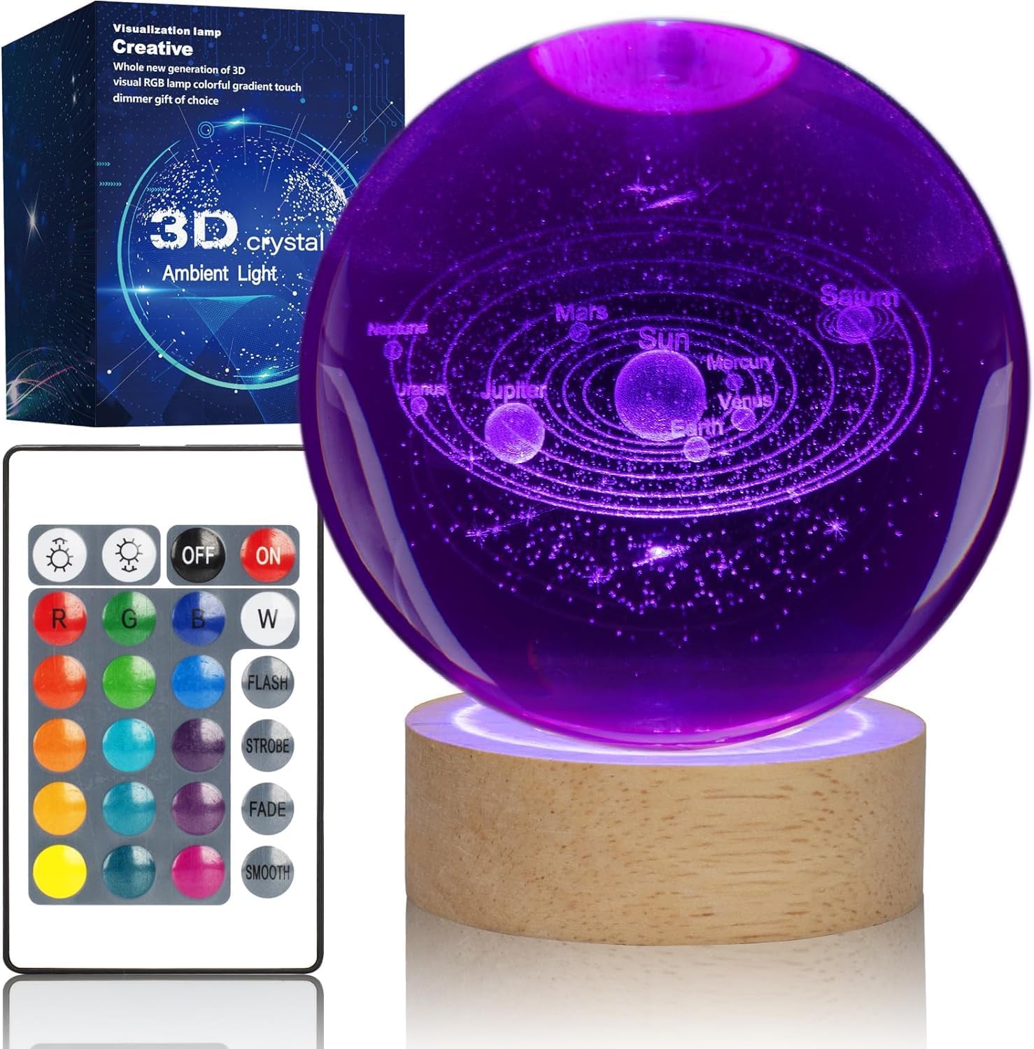 Kocasall 3D Solar System Crystal Ball Lamp with 16 Colors LED Wooden ...