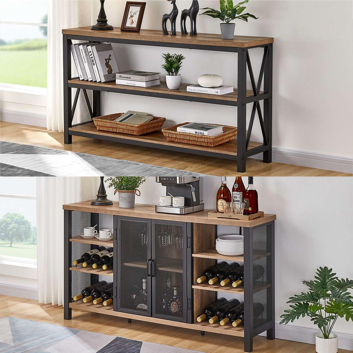 Amazon.com: FATORRI Industrial Console Table and Bar Cabinet for Liquor ...