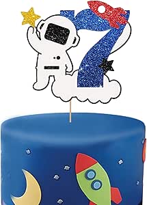 Amazon.com: Outer Space 7th Birthday Cake Topper, Blue Glitter ...