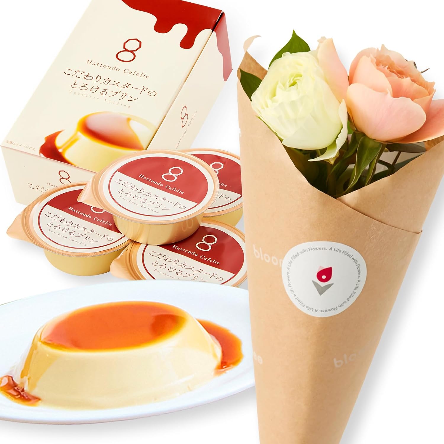 Amazon｜bloomee(ブルーミー) 八天堂 プリン ＆ 季節のお花 4本 ミニ ブーケ セット (お菓子 プリン 生花 花) ギフト 誕生日 プレゼント お祝い 退職祝い (フラワー ...