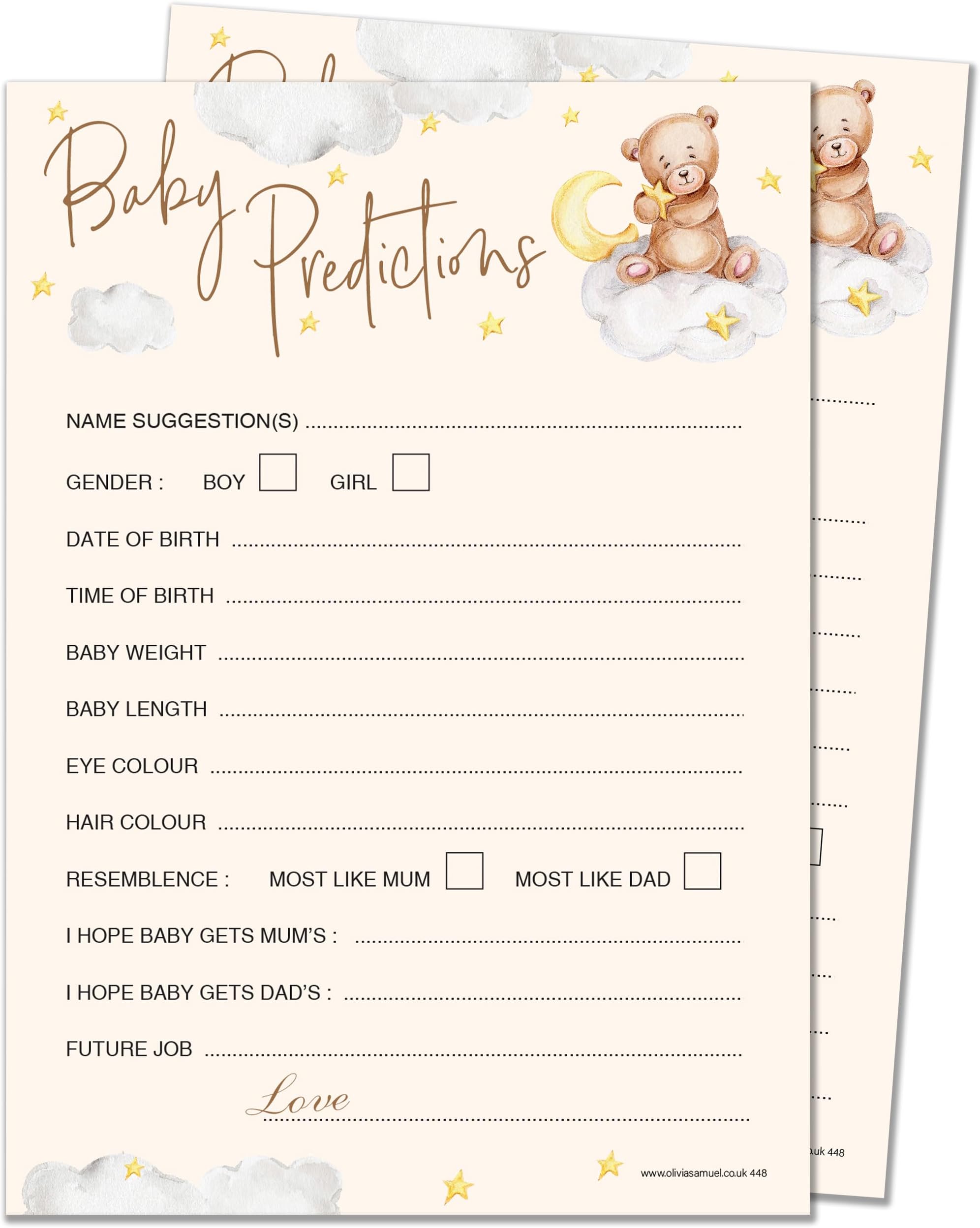 20 x Baby Prediction Cards from Olivia Samuel - Baby Shower Game ...