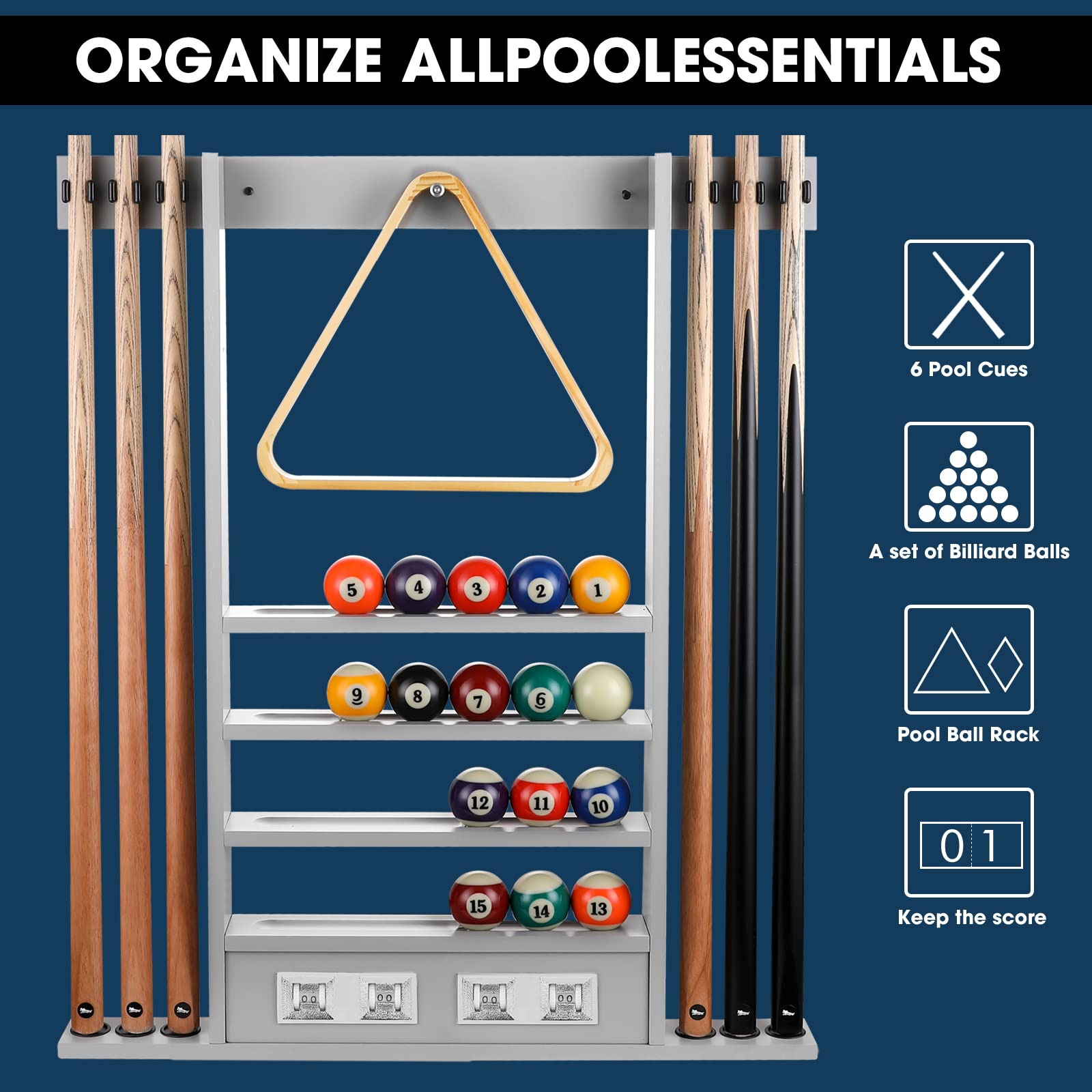 Snapklik.com : 2-IN-1 Pool Cue Rack & Score Counter, Holds 6 Pool ...