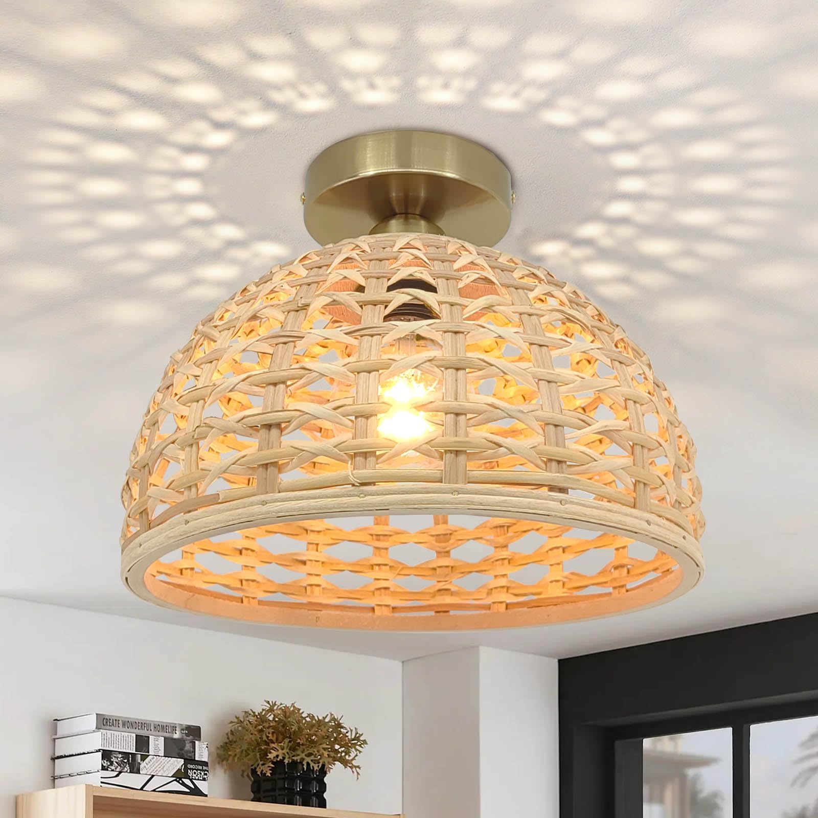 LMLAITE Semi Flush Mount Ceiling Light, Boho Coastal Handwoven Rattan ...
