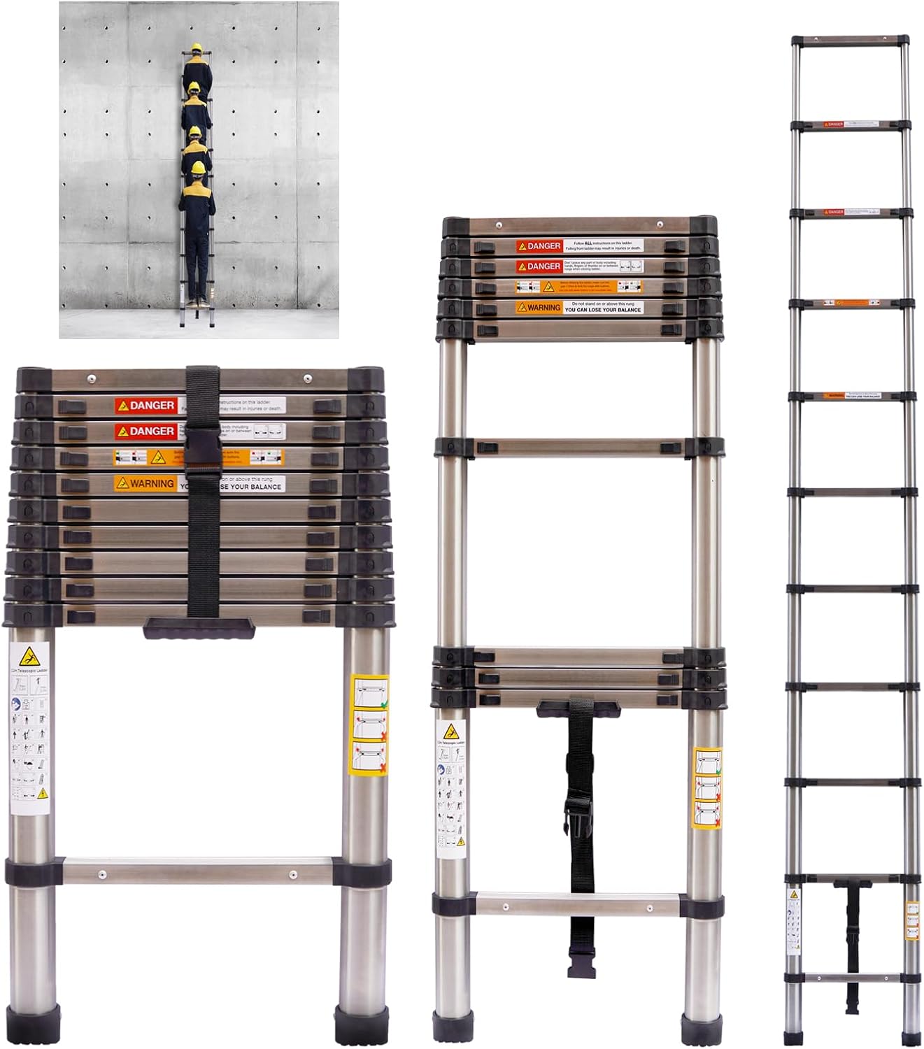 HSHa 3.2M Telescopic Ladder Stainless Steel Extendable Ladders Portable ...