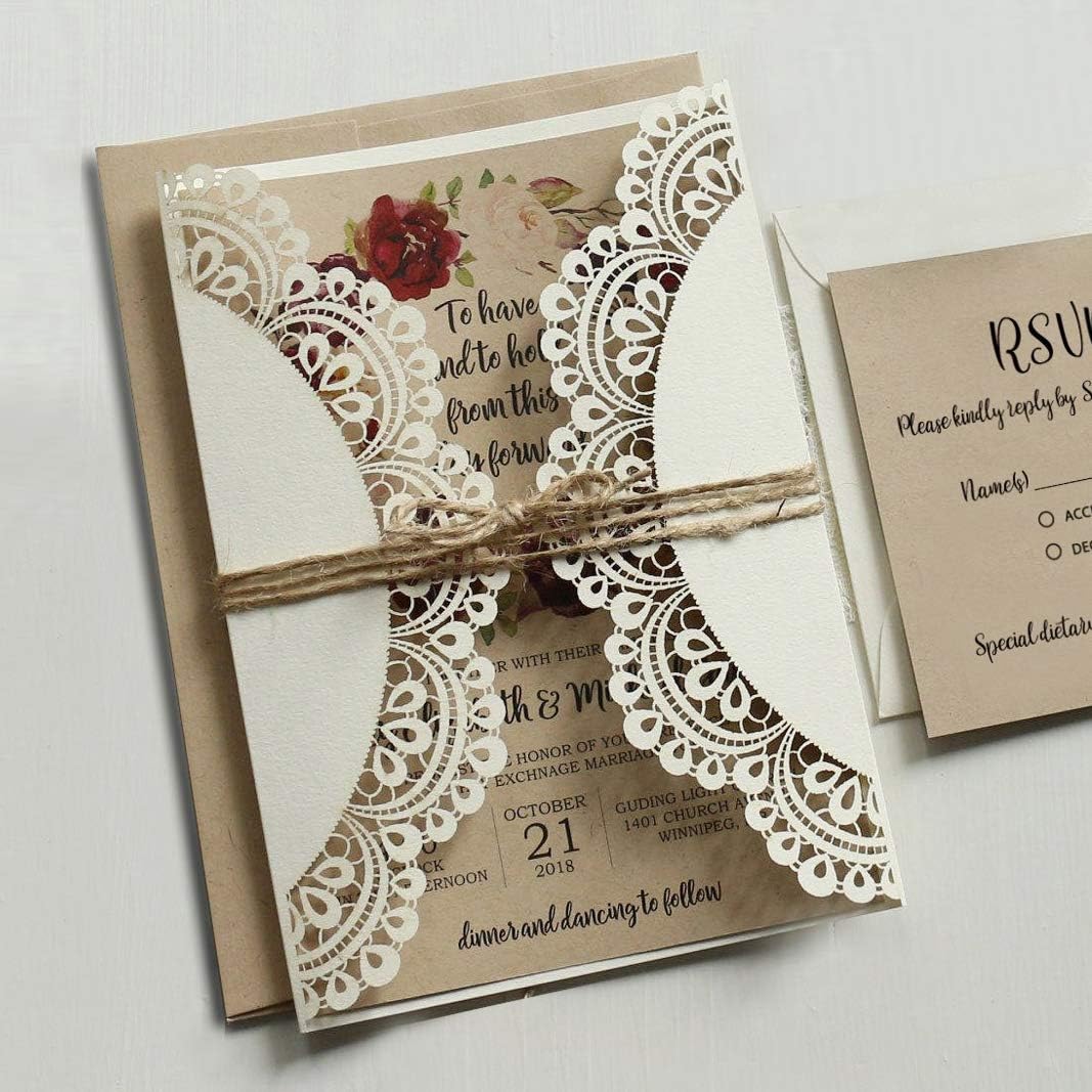 Amazon.com: Picky Bride 50Pcs Vintage Lace Wedding Invitations Rustic ...