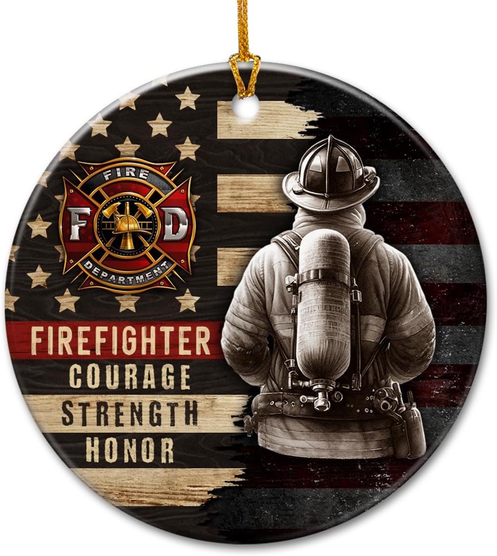 Amazon.com: Firefighter Christmas Ornament - Double-Sided Ceramic ...