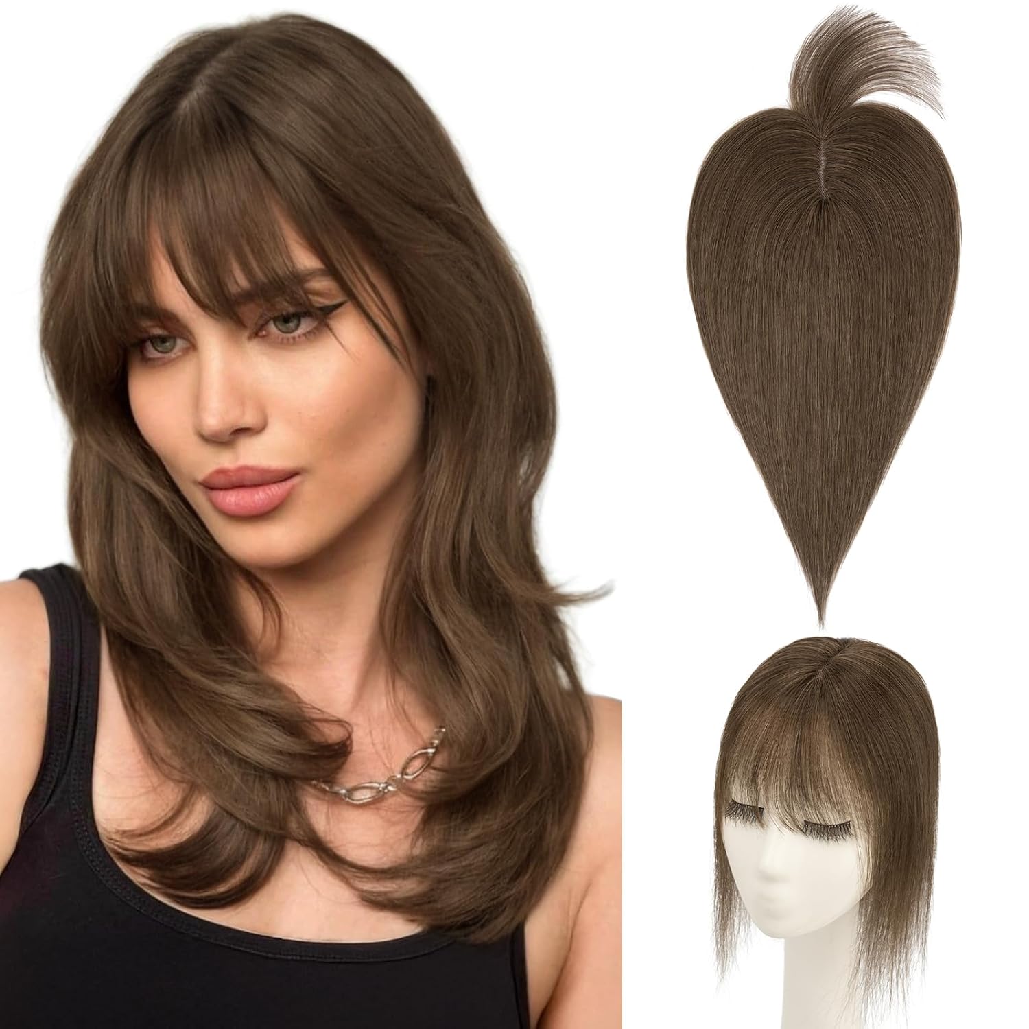 Amazon.com : Hairro Human Hair Topper with Wispy Bangs, Clips on 360 ...