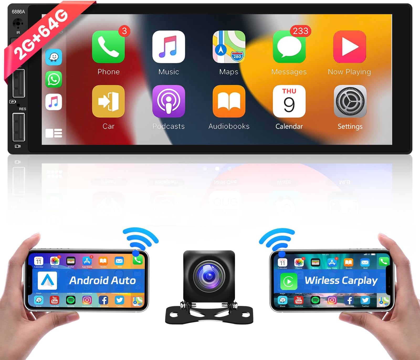 6,9 Zoll Android Autoradio 1Din mit Wireless CarPlay, 2G+32G ...
