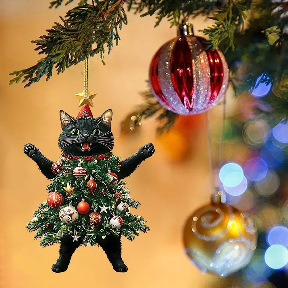 Black Cat Acrylic Christmas Ornament, Black Cat Tree Hanging Xmas Decor ...