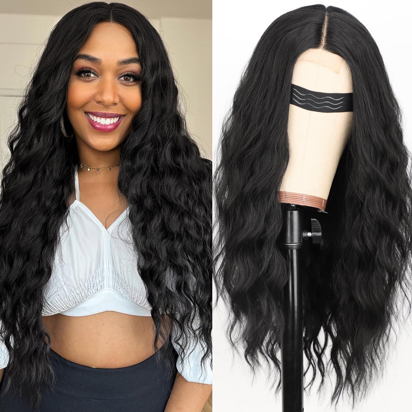 Amazon.com : AISI HAIR Long Black Wavy Wig for Women, Middle Part Lace ...