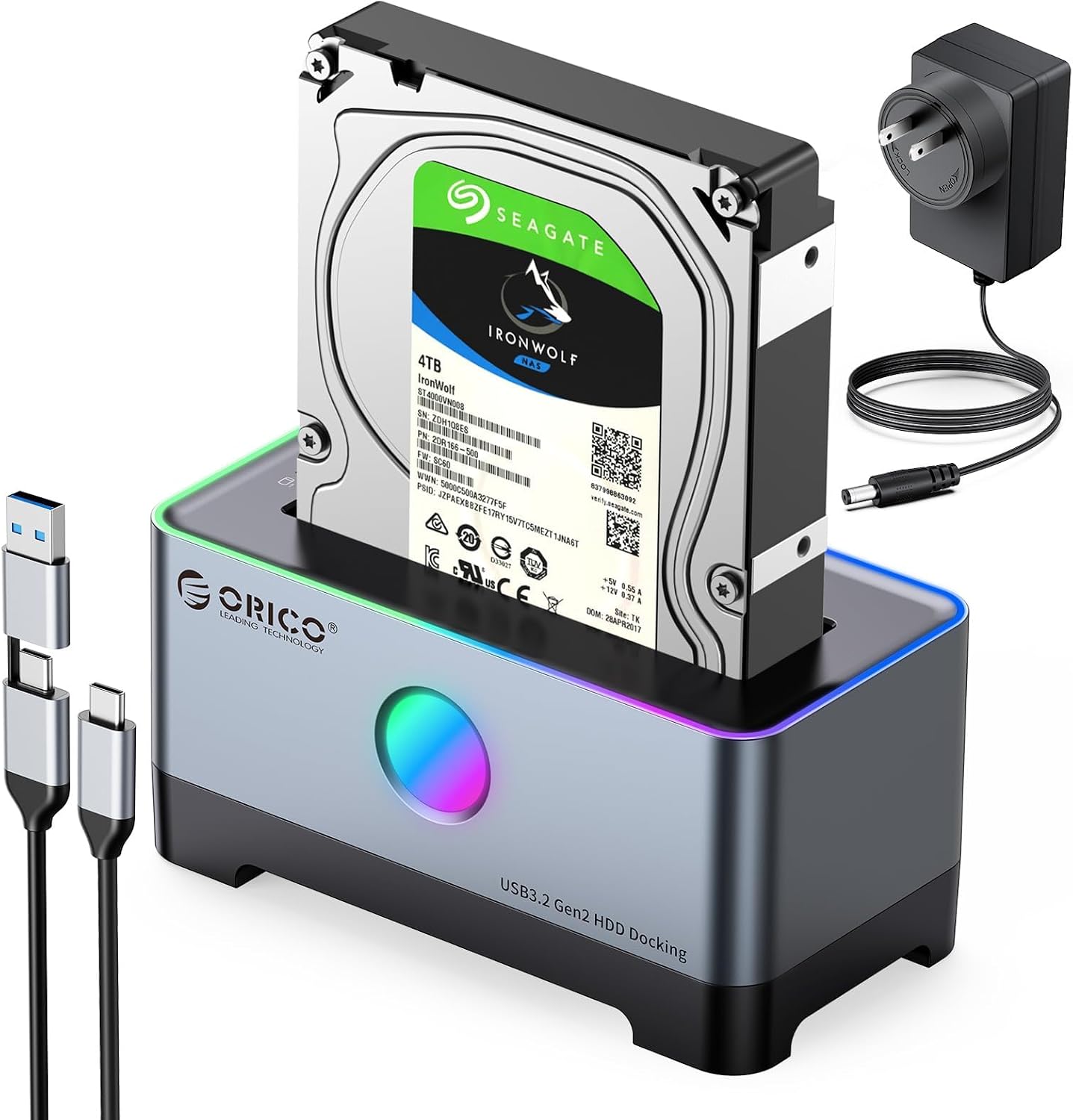 ORICO 3.5'' Hard Drive Enclosure 14 RGB Colors USB3.0 Type C 2IN1 Cable ...