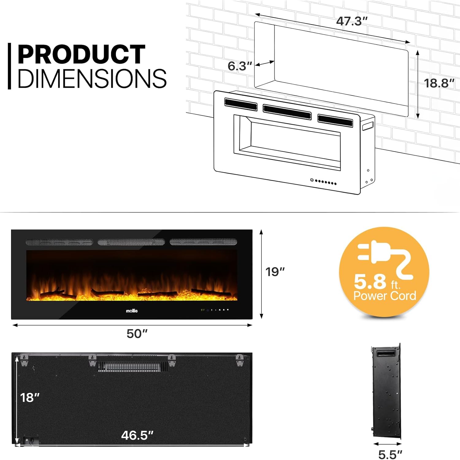 mollie 50-Inch Wall-Mounted Electric Fireplace Heater Instruction Manual