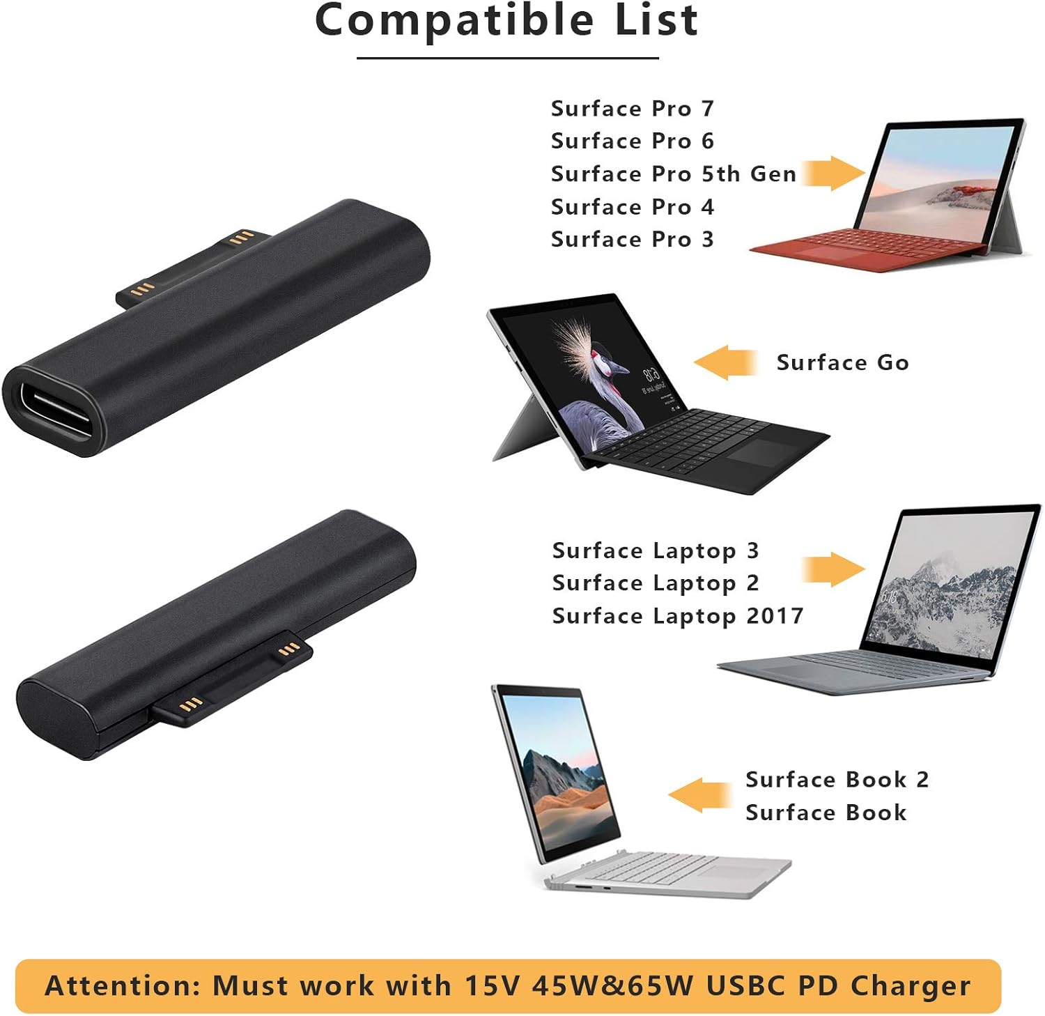 SUPERNIGHT 15V 3A Surface Adapter USB C, Type C Adapter to Surface Plug ...